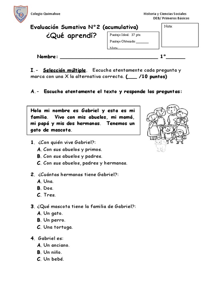 Evaluación Familiar para Primer Grado | PDF | Artes del Lenguaje y ...