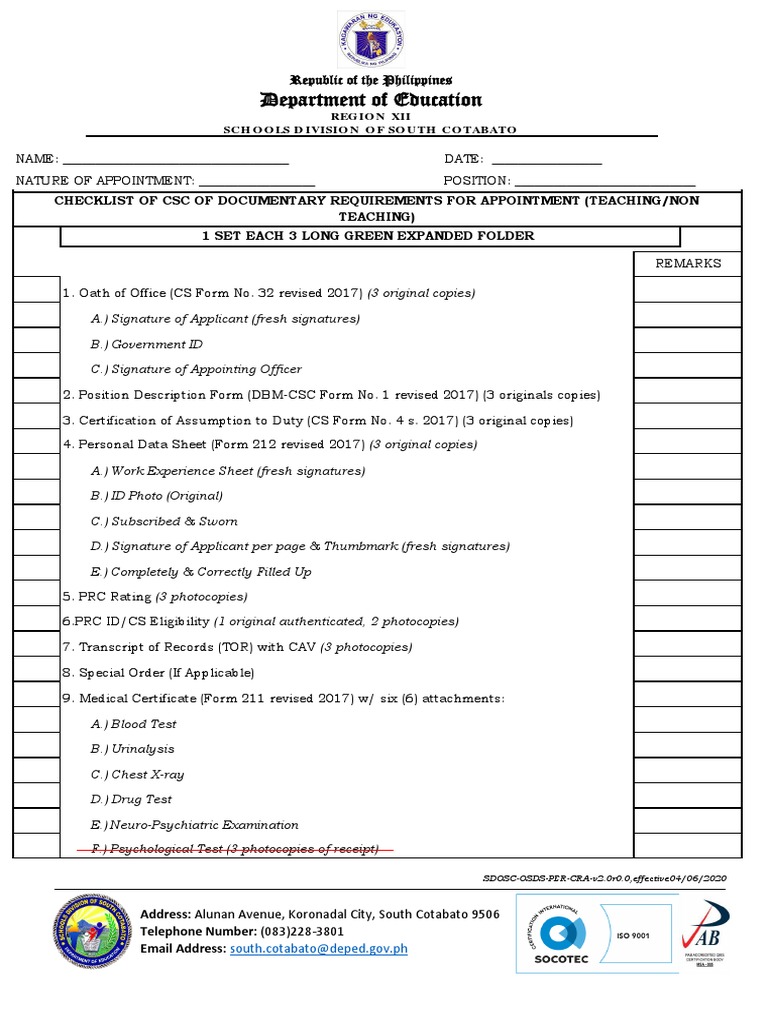 Checklist of CSC Documentary Requirements For | PDF