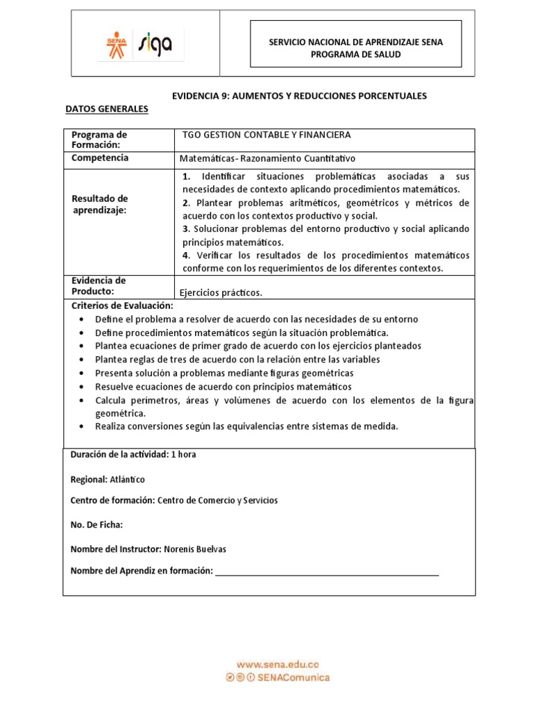 Aumentos y Reducciones Porcentuales SENA | PDF | Matemáticas | Ecuaciones
