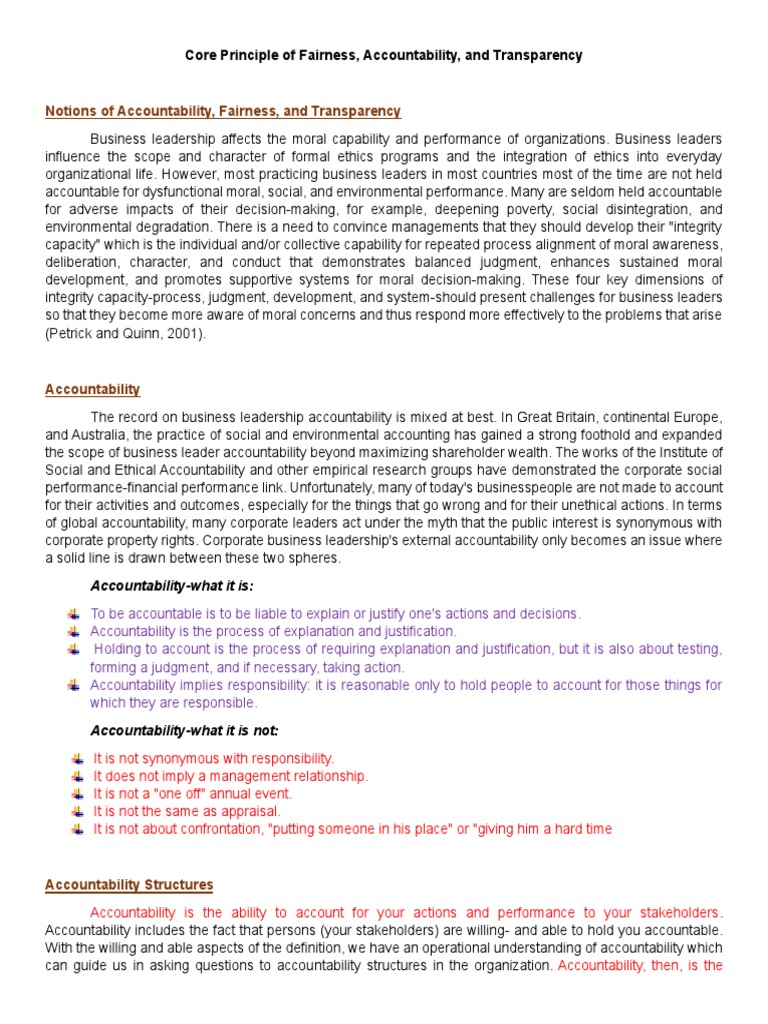 CORE PRINCIPLES OF FAIRNESS, ACCOUNTABILITY AND TRANSPARENCY | PDF ...