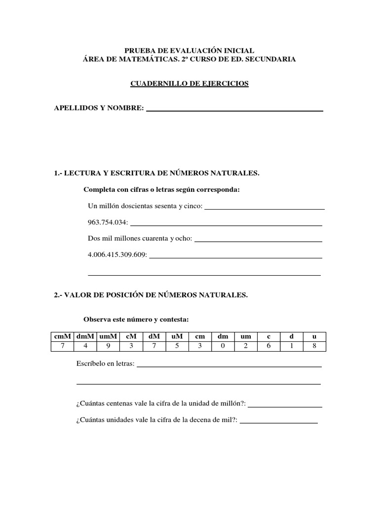 2 Grado Prueba de Evaluación Inicial | PDF | Objetos matemáticos ...