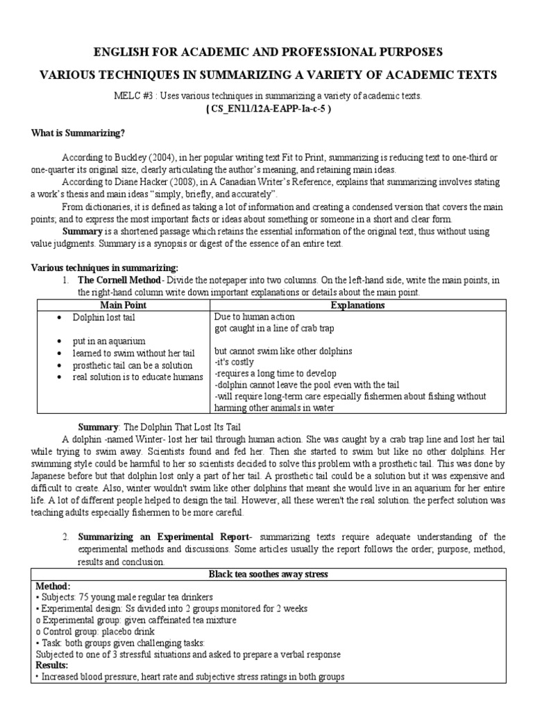 Various Techniques in Summarizing A Variety of Academic Texts Melc 3 ... Various Techniques in Summarizing A Variety of Academic Texts Melc 3 ...