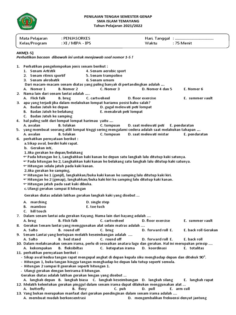 SOAL PTS Genap PJOK Kelas 11 | PDF
