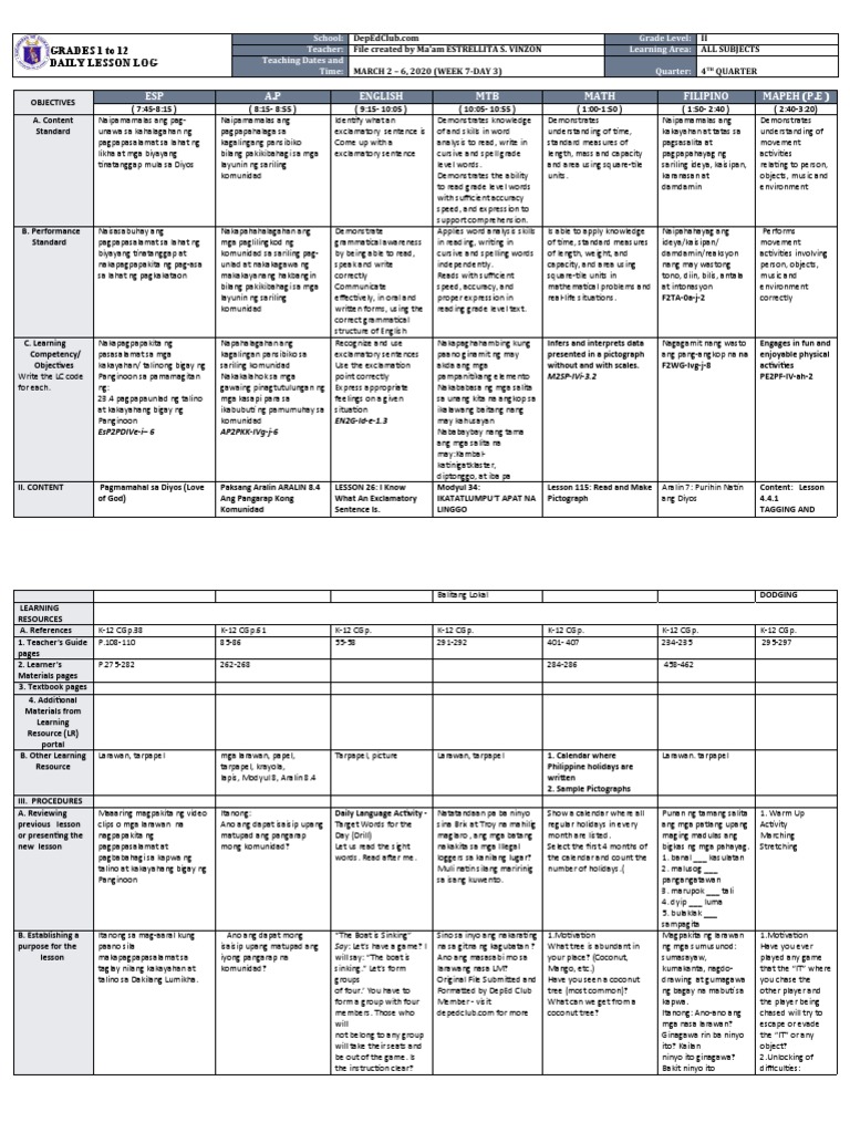 DLL - All Subjects 2 - Q4 - W7 - D3 | PDF | Chart | Cognitive Science