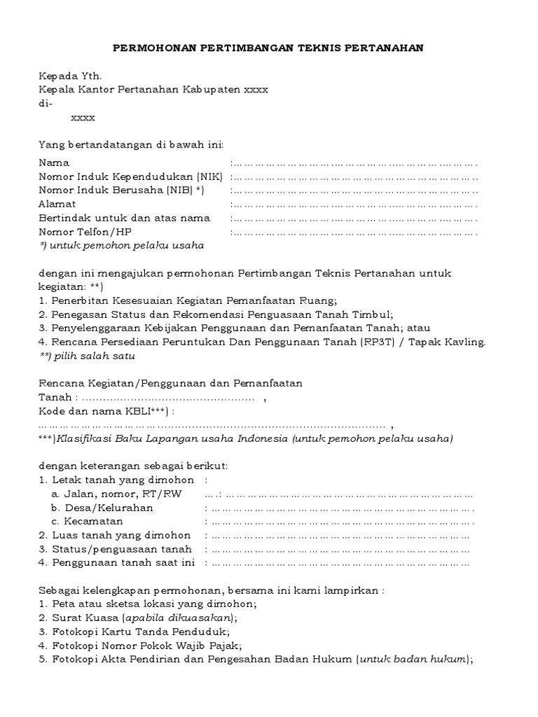 contoh PERMOHONAN PERTIMBANGAN TEKNIS PERTANAHAN PKKPR | PDF