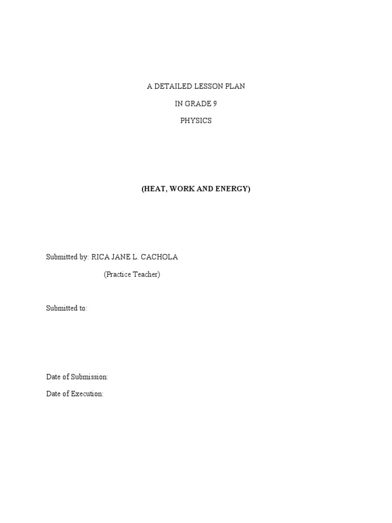 Detailed Lesson Plan 9 (Physics - Heat, Work and Energy) | PDF