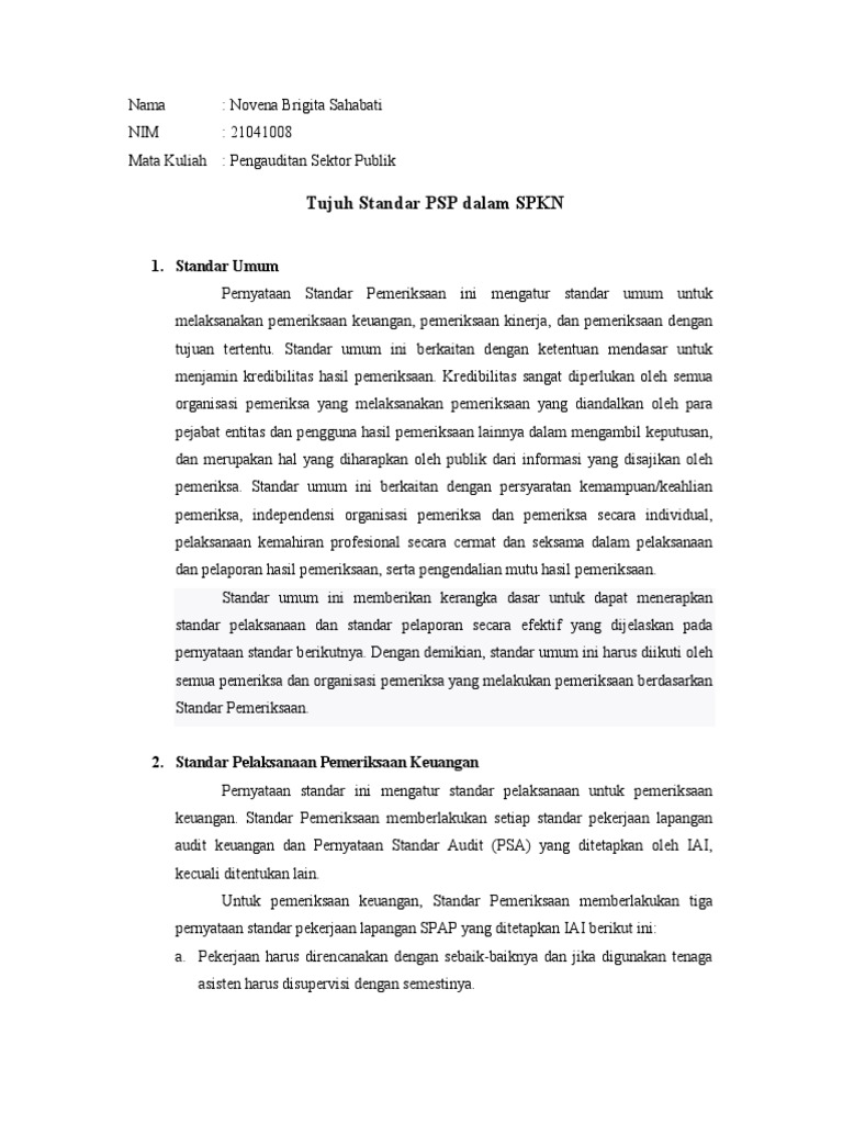 Novena Sahabati (21041008) - Tujuh Standar PSP Dalam SPKN | PDF | Pengelolaan Keuangan & Uang