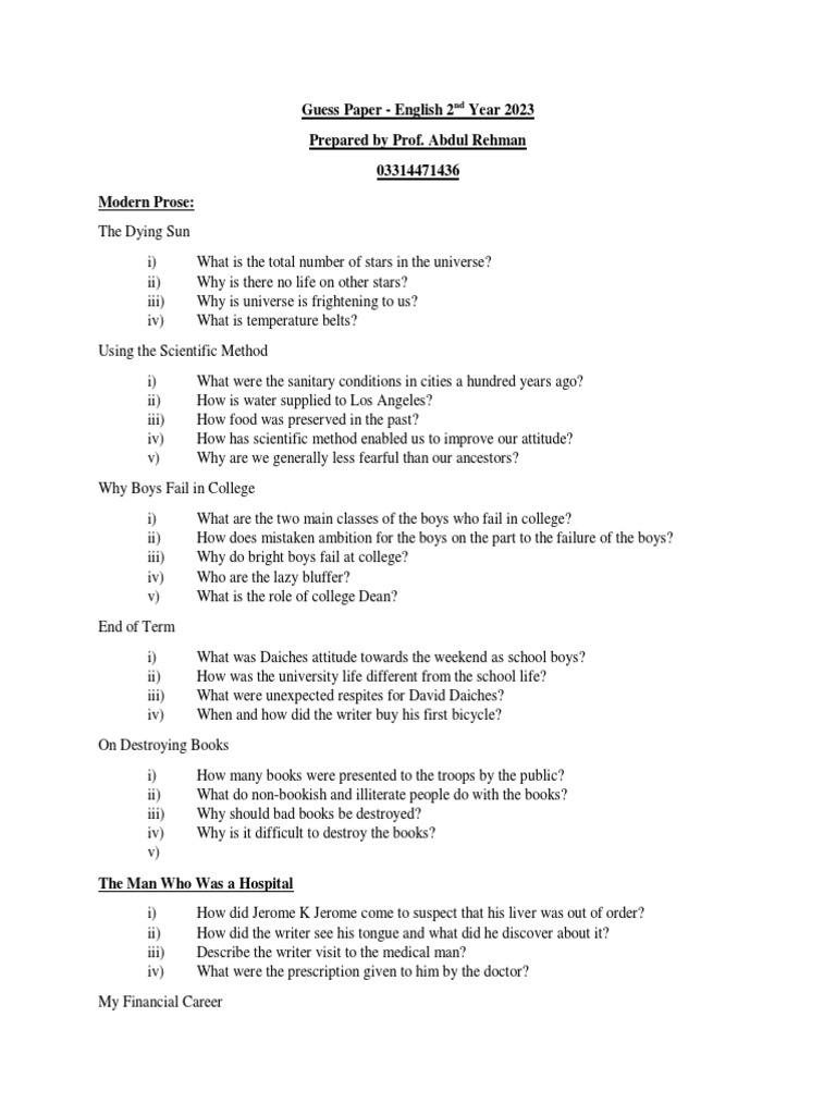 2nd Year English Guess Paper | PDF