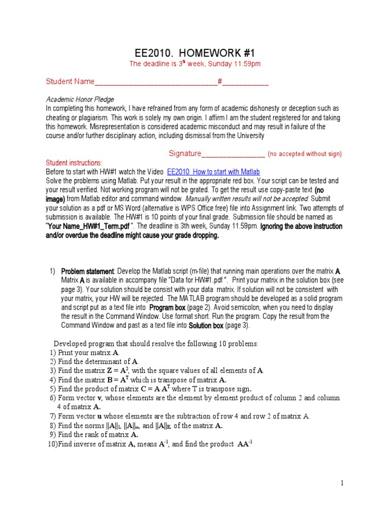 Module 1 Matlab Homework 1 Pdf Matrix Mathematics Academic Dishonesty 0920