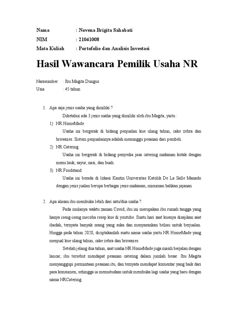 Novena Sahabati (21041008) - Hasil Wawancara Dengan Pemilik Usaha NR ...