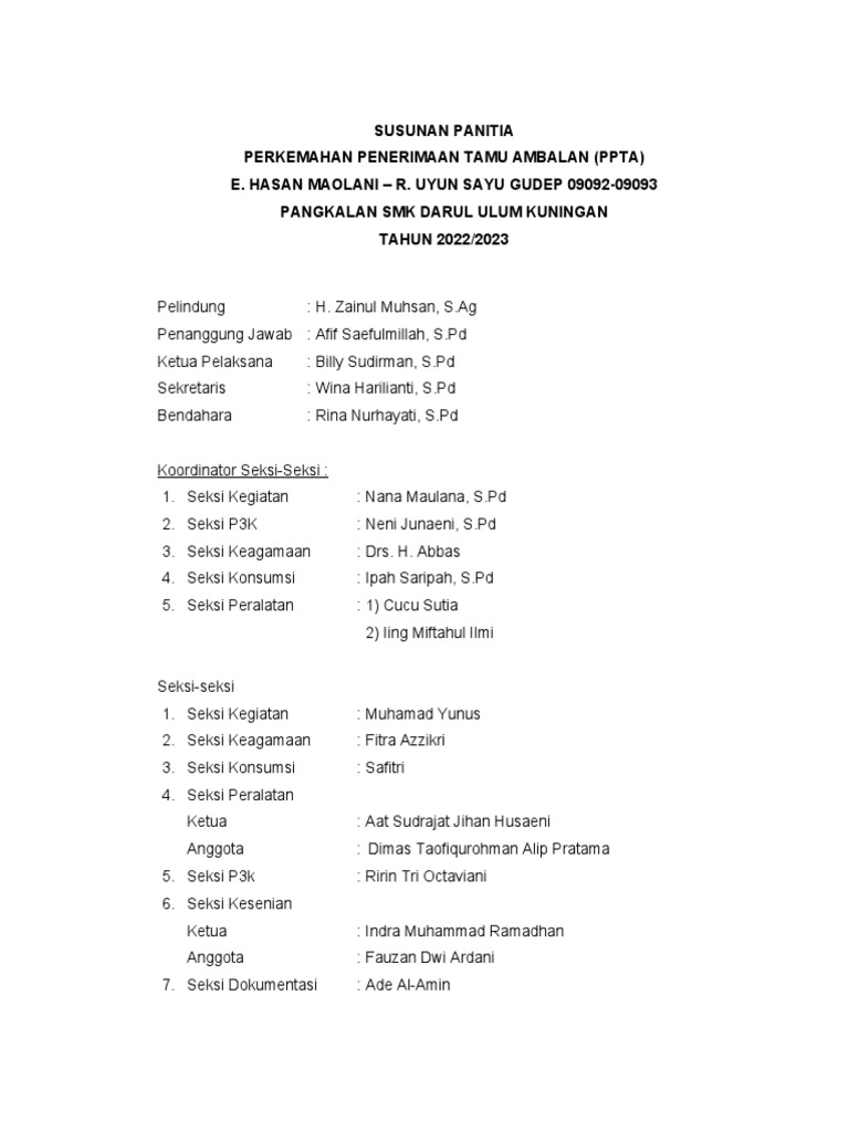 Susunan Panitia dan Acara PPTA 2022 | PDF