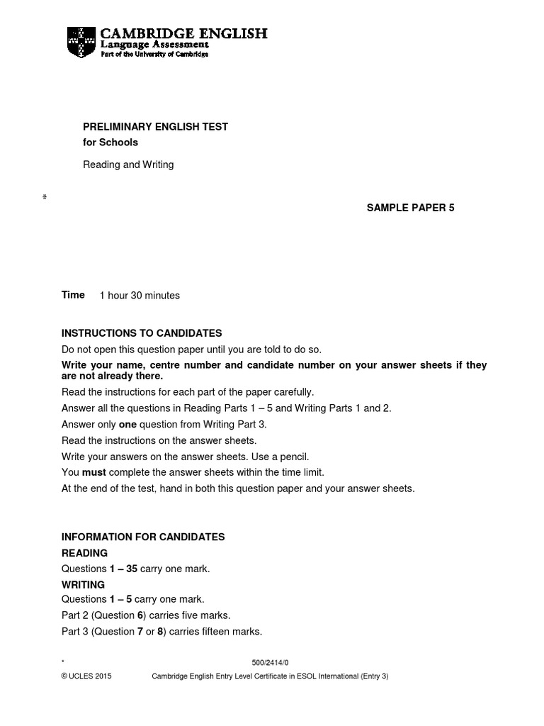 PET Cambridge English Preliminary For Schools Sample Paper | Download ...