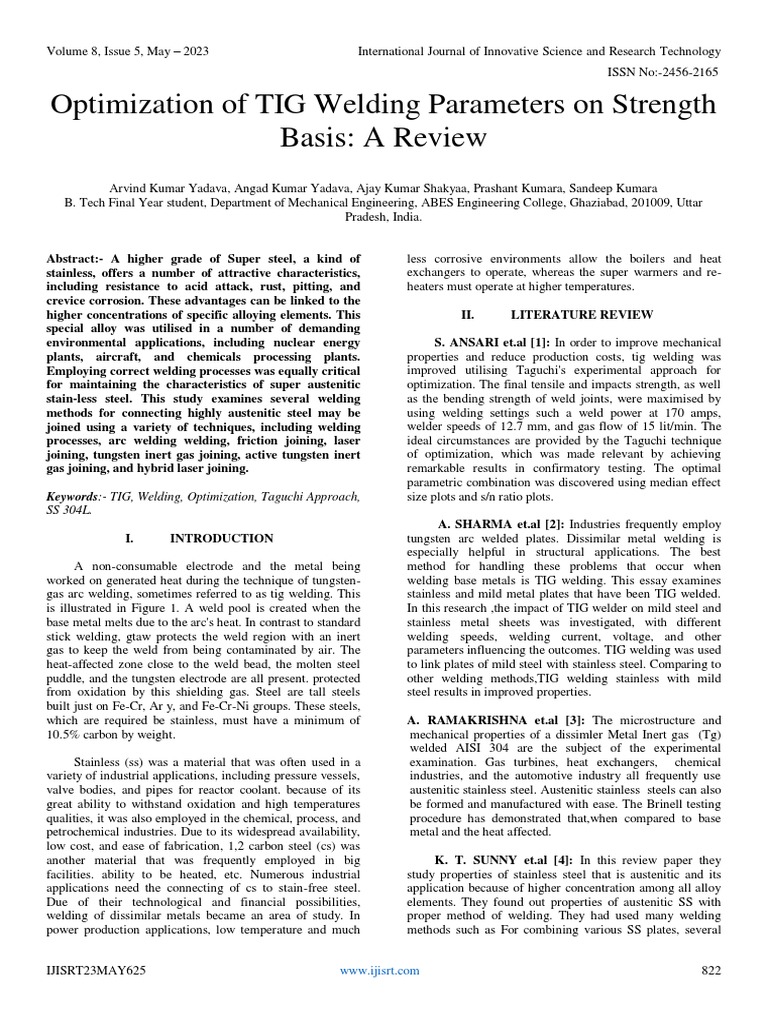 Optimization of TIG Welding Parameters On Strength Basis A Review | PDF | Construction | Welding