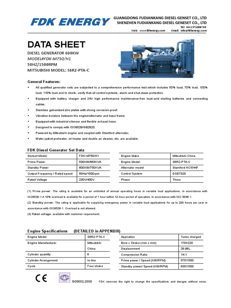 Data Sheet: Diesel Generator 600Kw 50HZ/1500RPM Mitsubishi Model: S6R2-Pta-C | PDF | Diesel ...