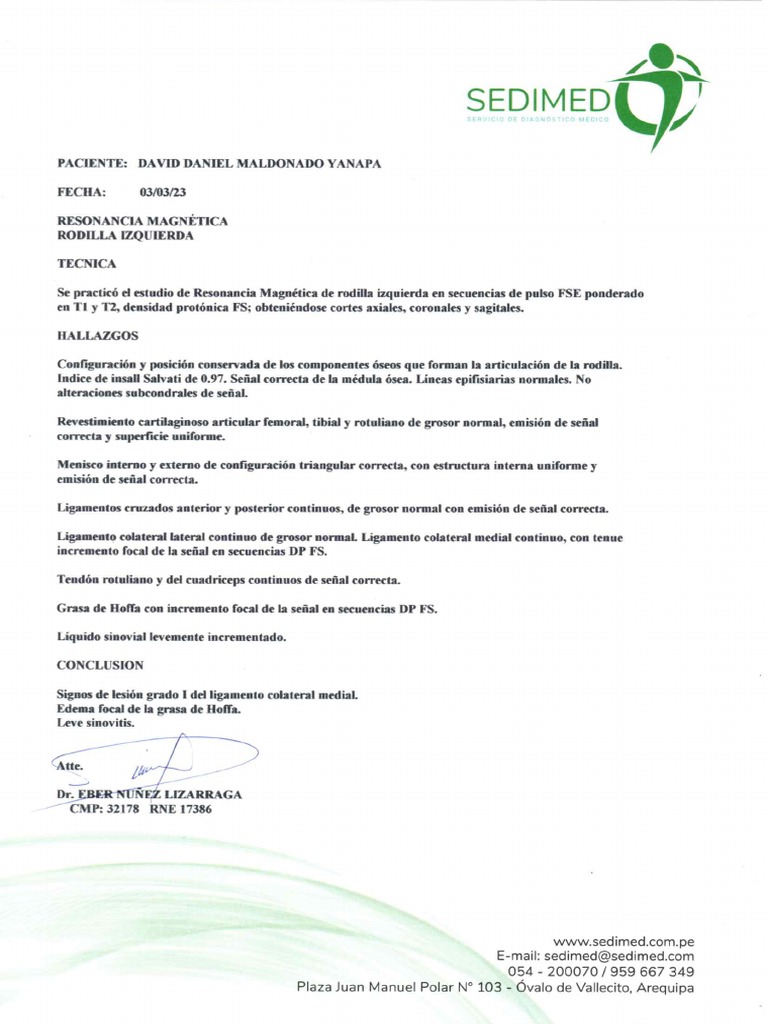Informe Medico de Resonancia de Rodilla Izquierda | PDF
