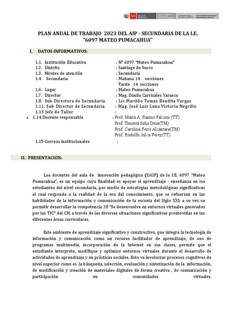 Plan Anual de Trabajo de Un Docente de Aip-Carolina Daney Ferre Alcantara | Descargar gratis PDF ...
