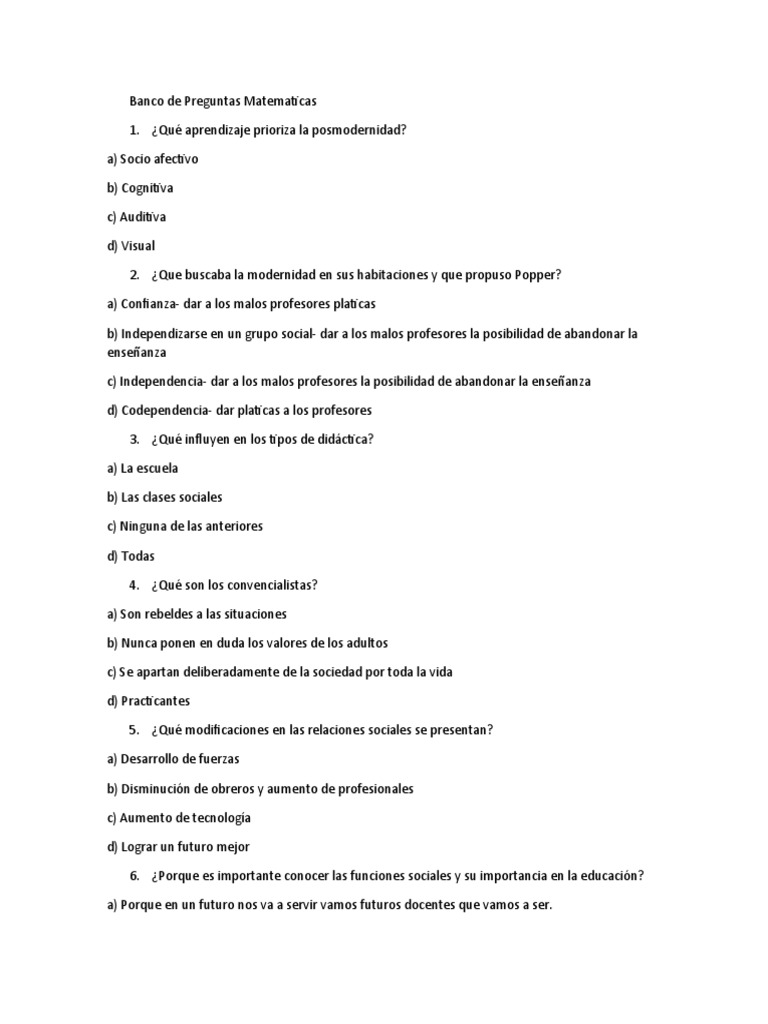 Banco de Preguntas Matematicas | PDF | Enseñando | Sociedad