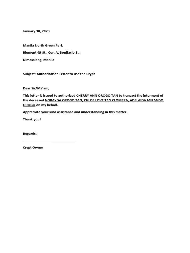 Authorization Letter for Interment | PDF | Home & Garden