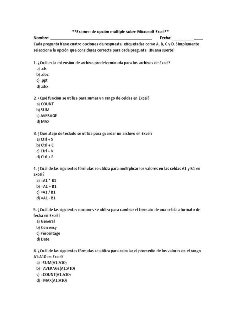 Microsoft Excel Examen de Opción Múltiple | PDF | Microsoft Excel | Hoja de cálculo