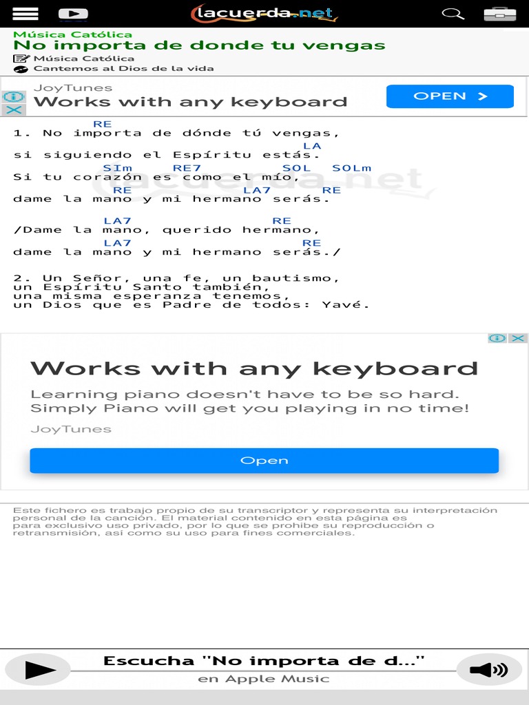 NO IMPORTA DE DONDE TU VENGAS, Música Católica A | PDF