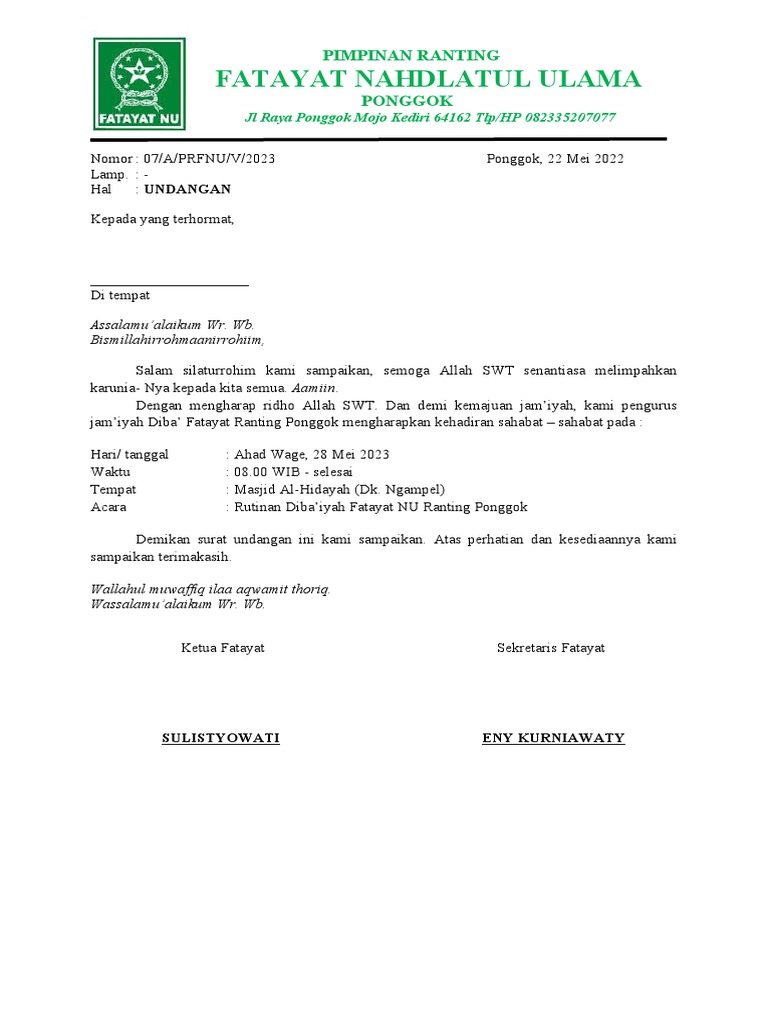 Undangan Rutinan Diba'iyah Fatayat NU | PDF