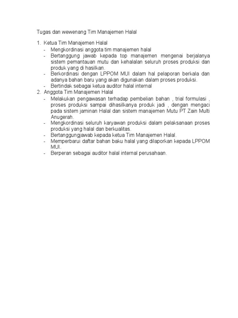 Tugas Dan Wewenang Tim Manajemen Halal | PDF