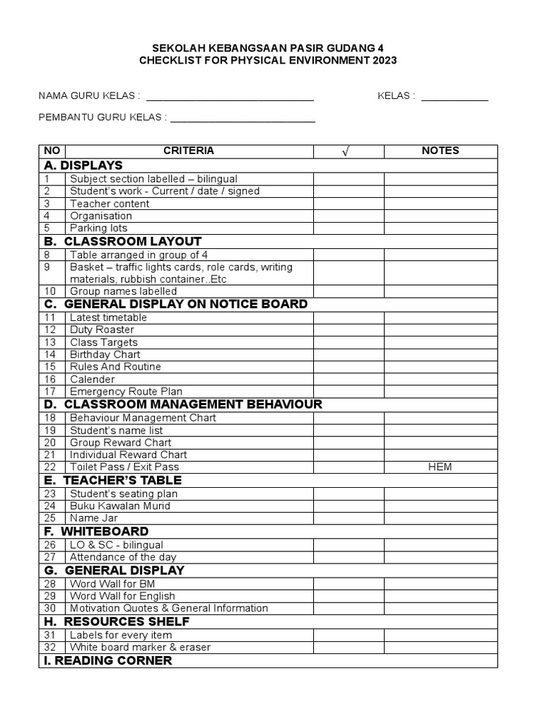 Checklist Classroom 2023 | PDF