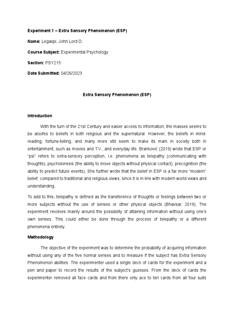 Laboratory Report Legaspi | PDF | Extrasensory Perception | Metaphysics