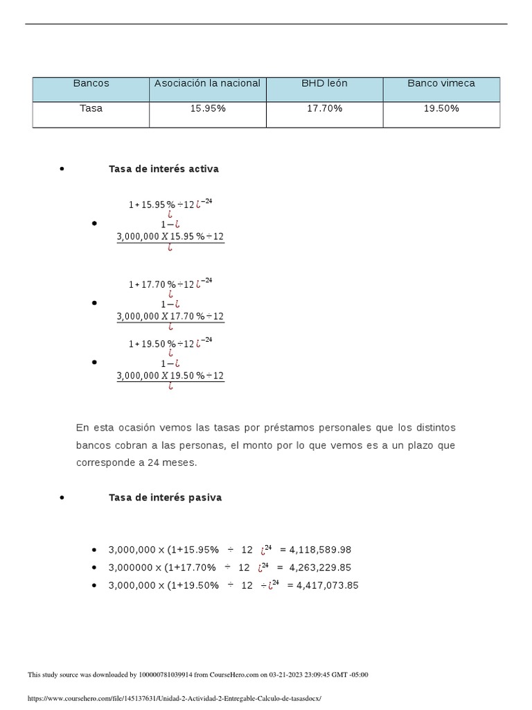 Unidad 2. Actividad 2. Entregable. Calculo de Tasas | PDF | Economía política | Economias