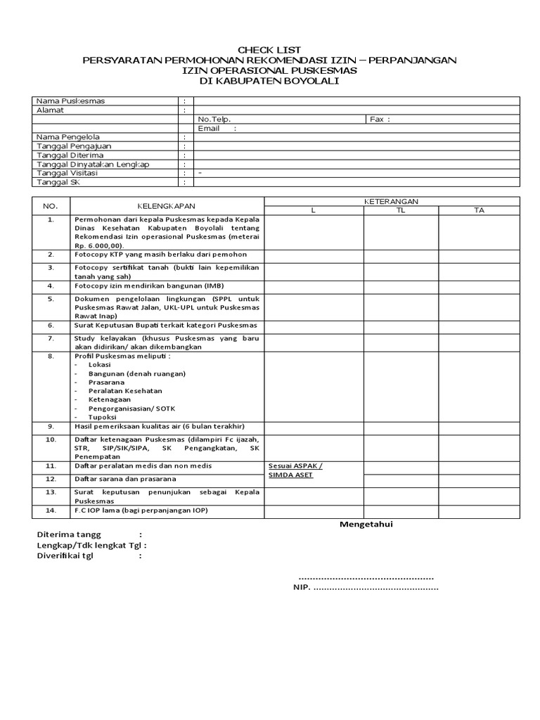 CHECK LIST IZIN-PERPANJ IOP PUSKESMAS | PDF
