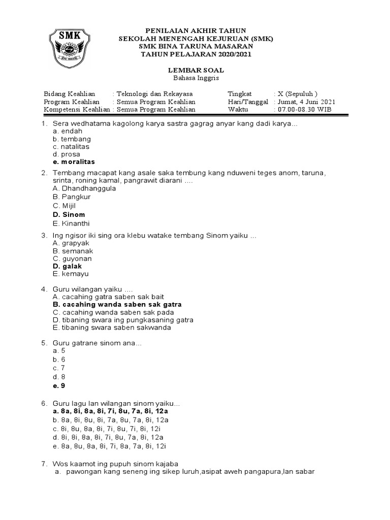 B Jawa Pat Kelas X 2021 | PDF | Seni & Disiplin Bahasa | Kajian Bahasa Asing
