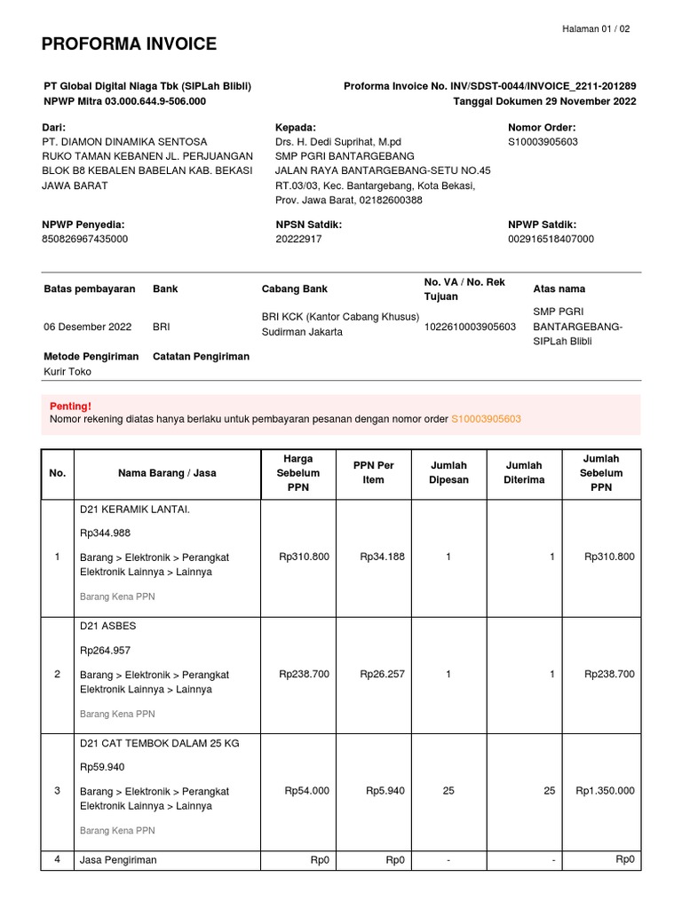 Proforma Invoice S10003905603 | PDF