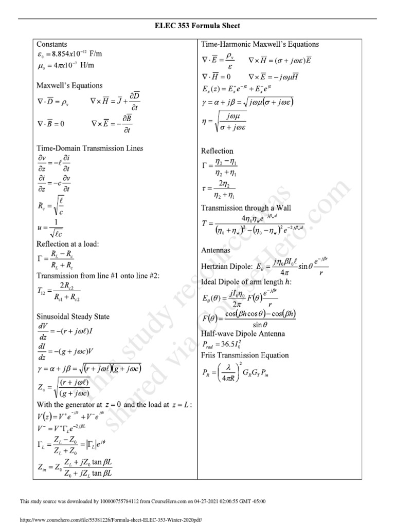 BasicFormula Sheet ELEC 353 Winter 2020 PDF | PDF
