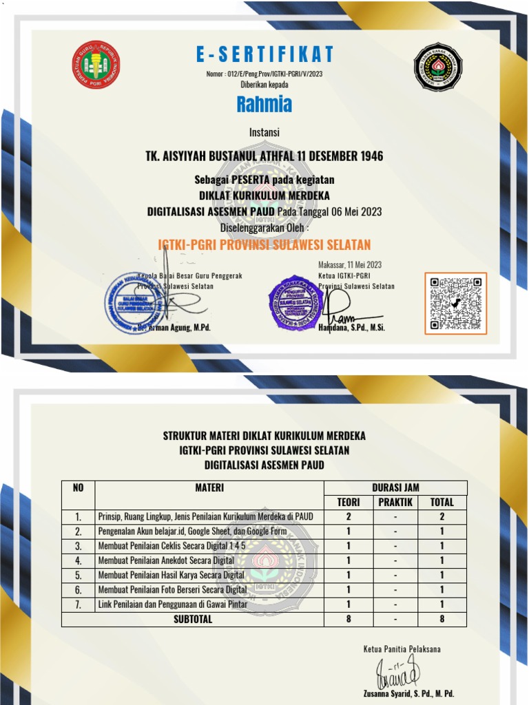 Contoh E-Sertifikat Pelatihan PAUD | PDF