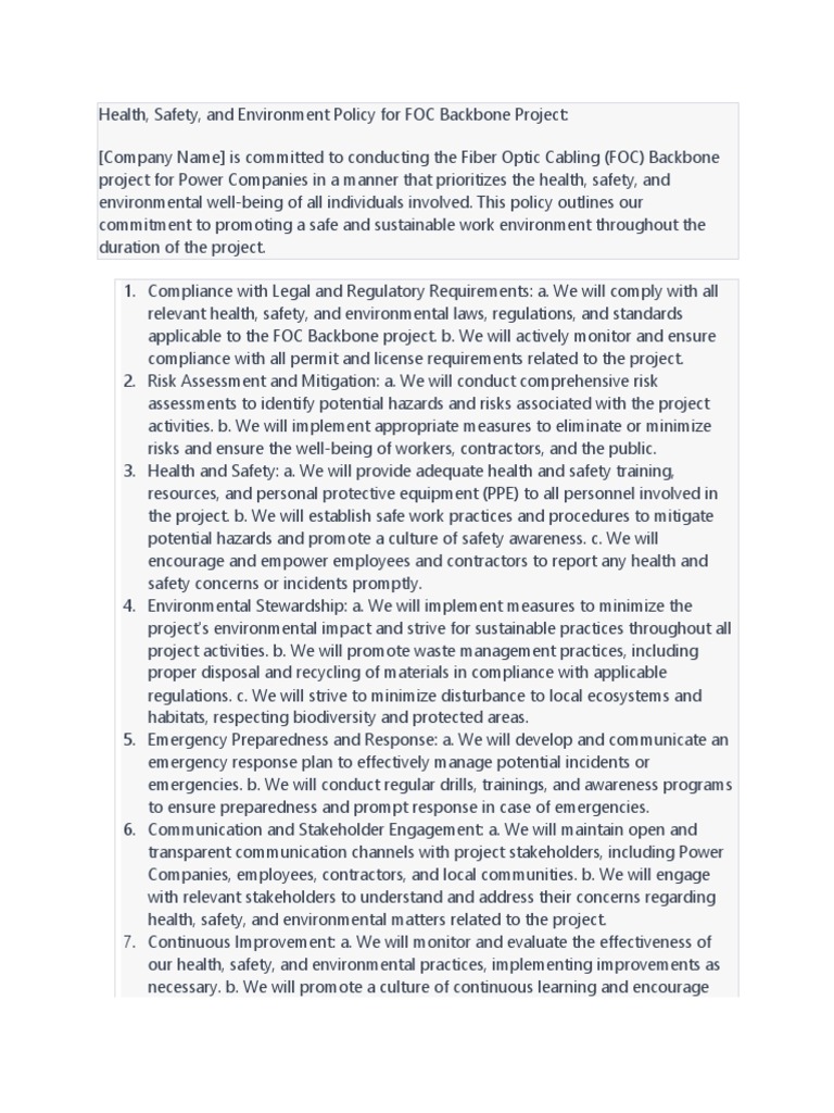 HSE Policy - FOC Backbone OSP Project | PDF | Safety | Occupational ...