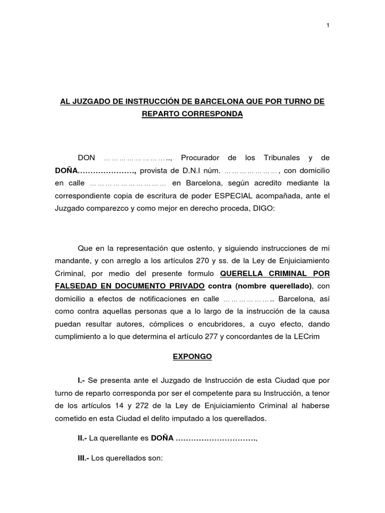 Modelo Querella Por Falsedad Documental | PDF | Queja | Derecho penal