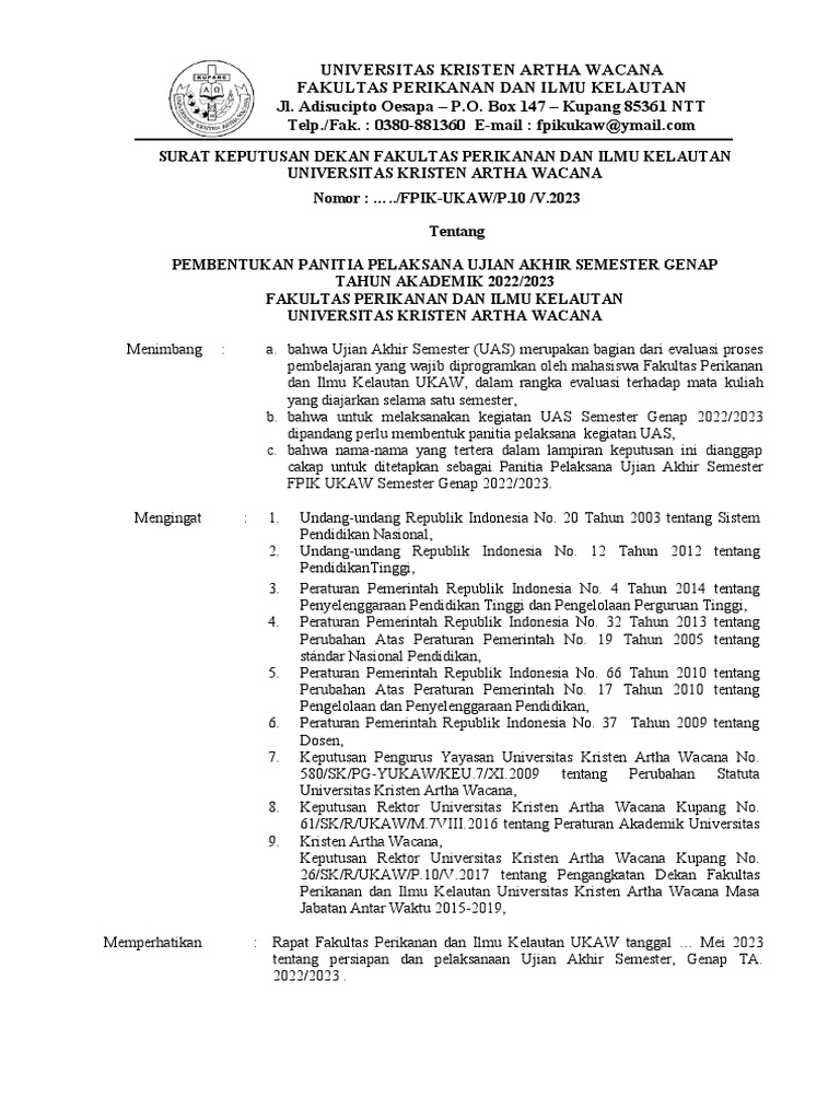Pembentukan Panitia UAS FPIK UKAW | PDF | Sains & Matematika