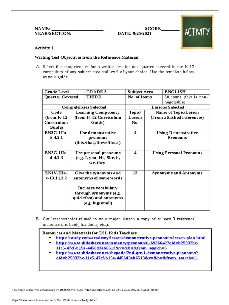 Lesson 3 Activity 1 | PDF | Pronoun | Subject (Grammar)
