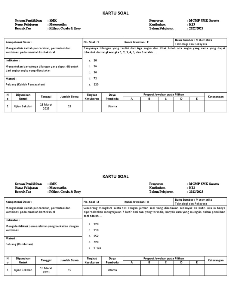 Kartu Soal Us Matik | PDF