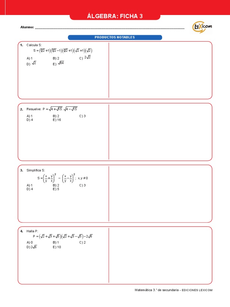 Ficha 3 - Productos Notables | PDF | Matemáticas Aplicadas | Algoritmos