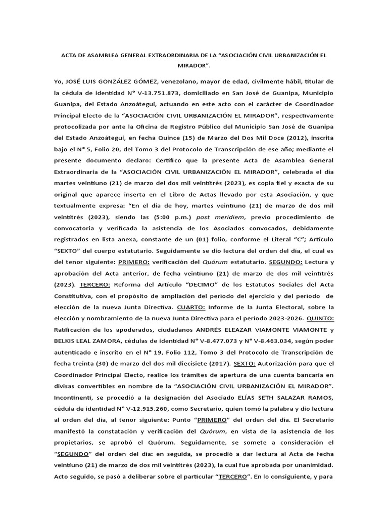 Acta de Asamblea General de Asociación Civil | PDF | Gobierno