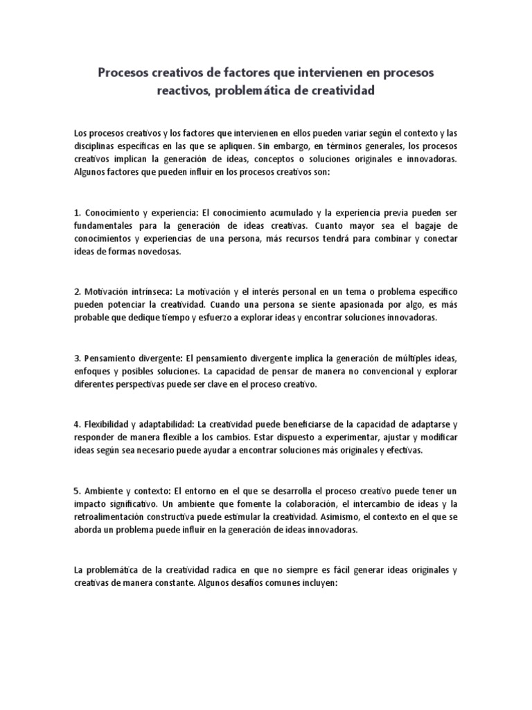 Procesos Creativos de Factores Que Intervienen en Procesos Reactivos, Problematica de ...