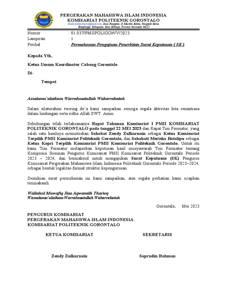 SK Pengurus PMII Politeknik Gorontalo | PDF