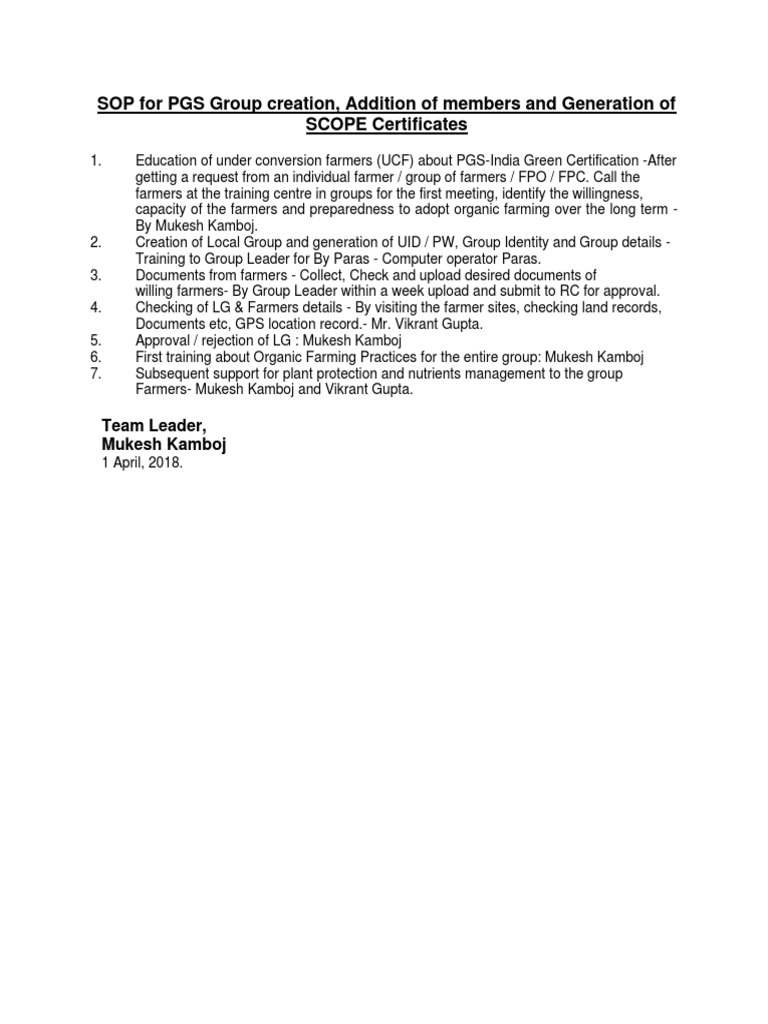 SOP For PGS Group Creation | PDF | Regulatory Compliance