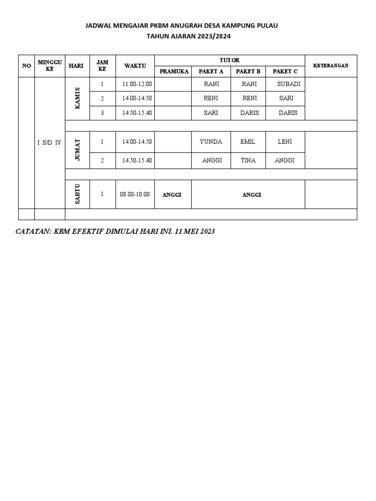 Jadwal Ngajar PKBM 2023 | PDF