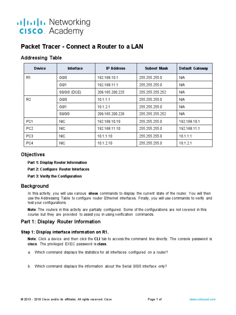 10.3.4 Packet Tracer - Connect A Router To A Lan | PDF | Router (Computing) | Routing