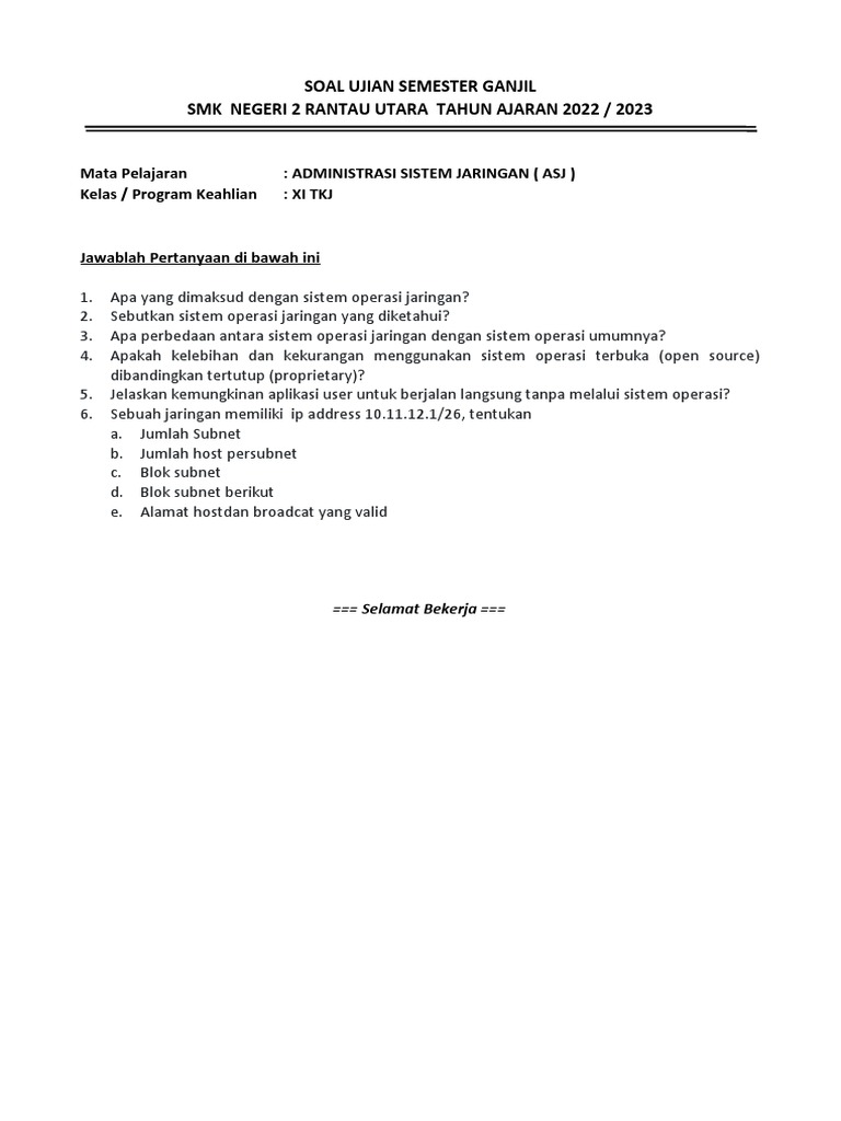 Soal Asj Kelas Xi TKJ | PDF | Komputer