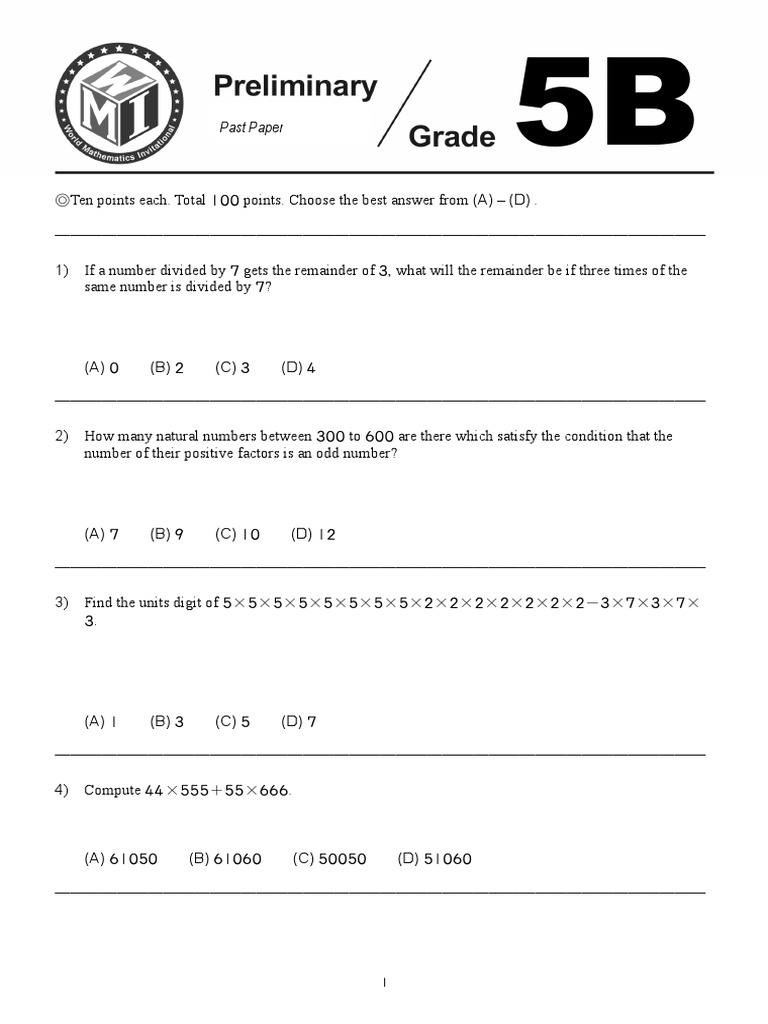 Grade 5 Maths Exam Practice Questions | PDF | Mathematics ...