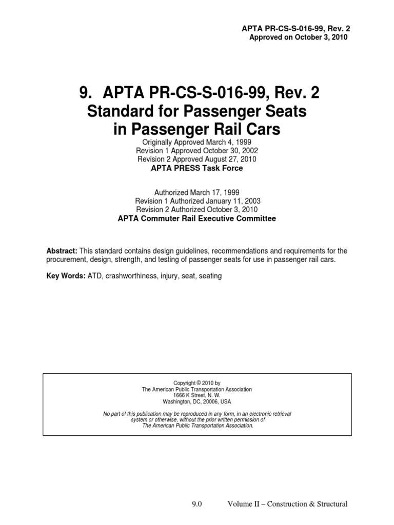 APTA-PR-CS-S-016-99 - Rev2 - Standard For Passenger Seats | PDF | Specification (Technical ...