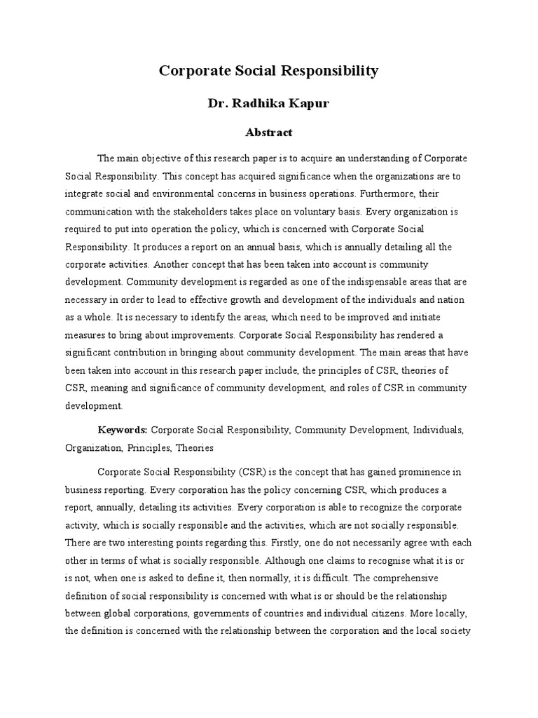 Corporate Social Responsibility: Dr. Radhika Kapur | PDF | Corporate ...